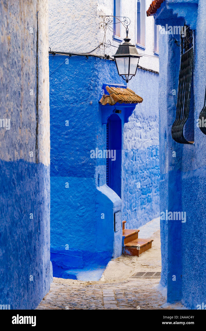 Streets and Facades of the blue houses in Chefchaouen, Morocco Stock ...