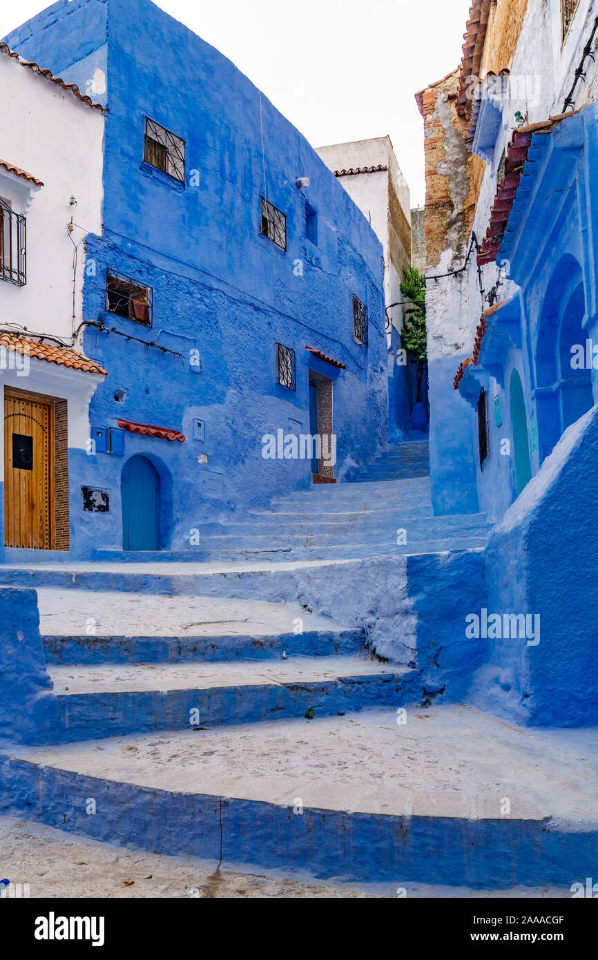 Streets and Facades of the blue houses in Chefchaouen, Morocco Stock ...