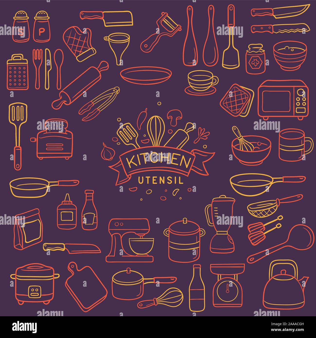 Set of doodle kitchen utensil neon color isolated over dark background ...