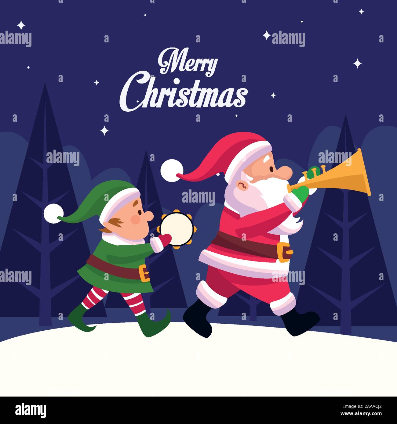 merry christmas card with santa claus and elf playing instruments Stock ...