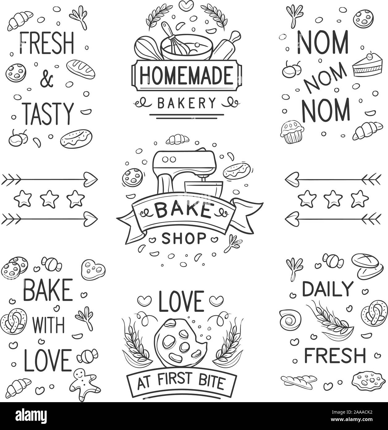 Set of vector bake shop and pastry logo and ornament in black isolated ...