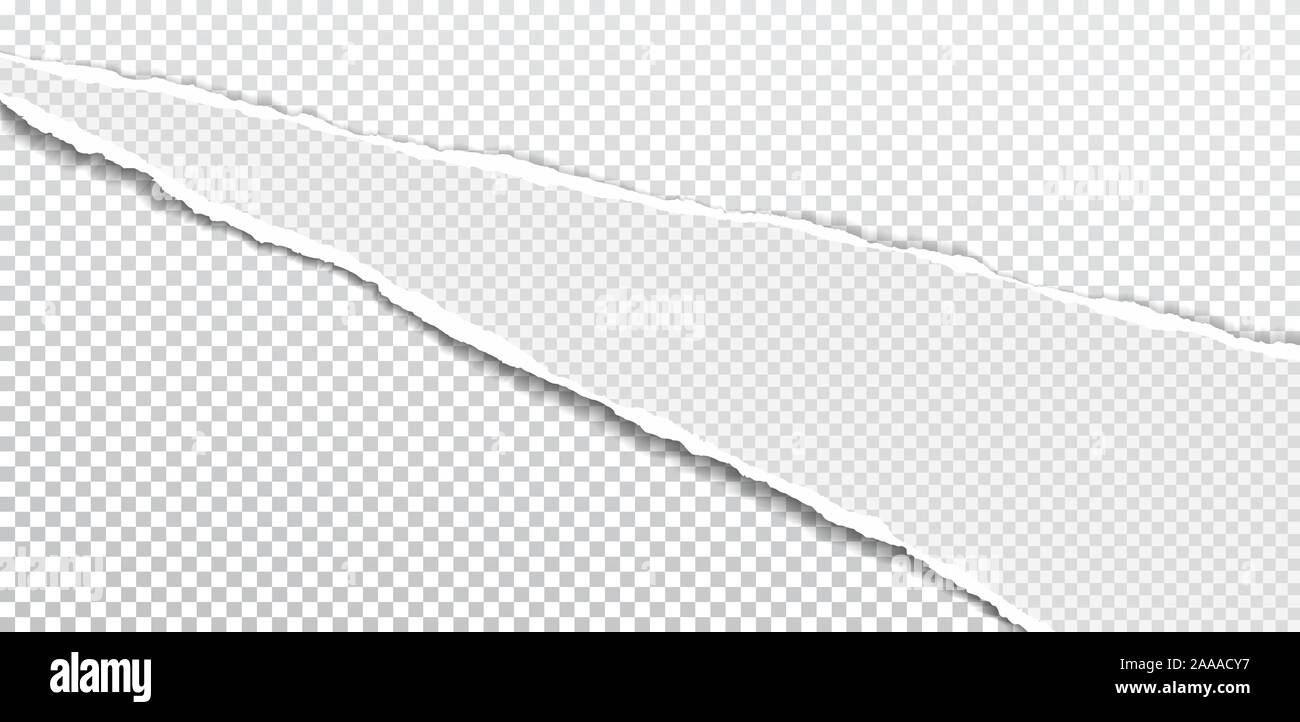 Piece of torn, white realistic diagonal paper strip with soft shadow is ...