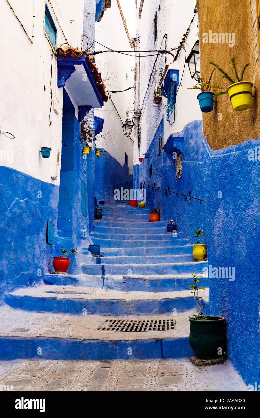Streets and Facades of the blue houses in Chefchaouen, Morocco Stock ...