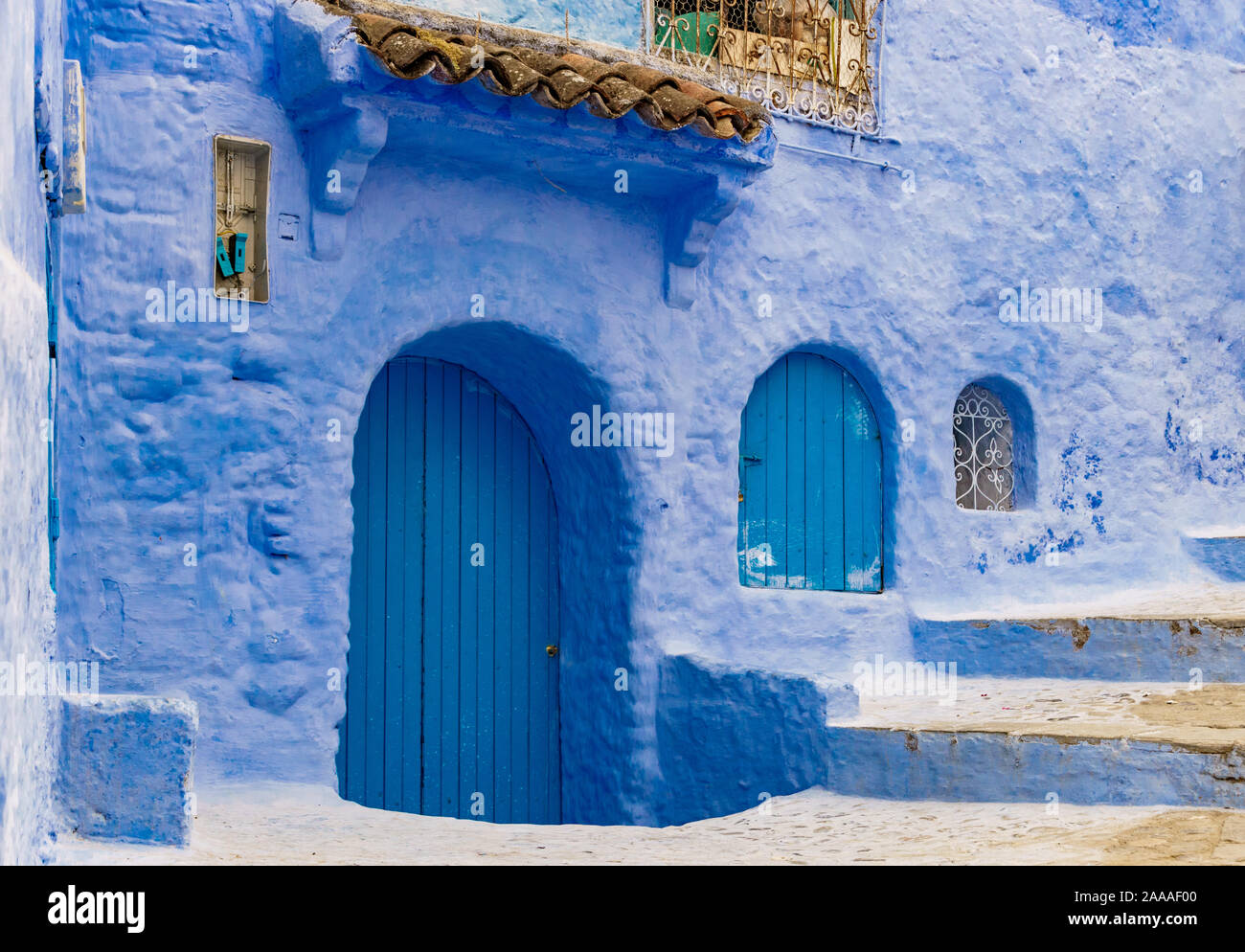 Streets and Facades of the blue houses in Chefchaouen, Morocco Stock ...