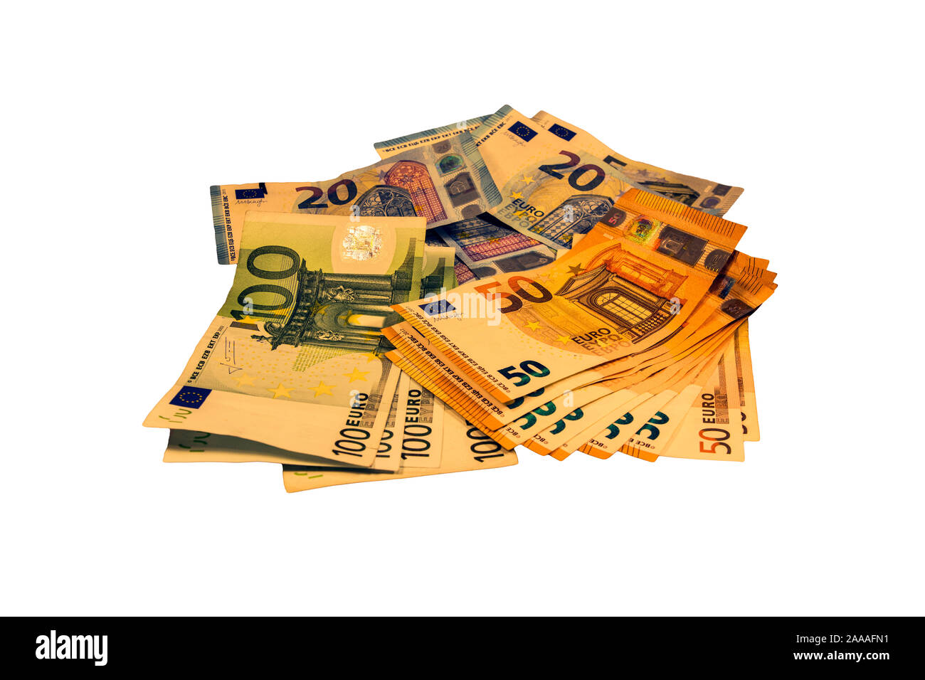Paper euro banknotes in a pile with a white background. Ability to type ...