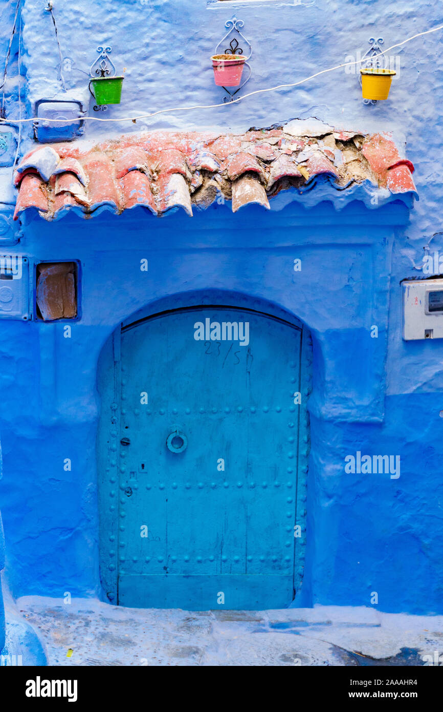 Streets and Facades of the blue houses in Chefchaouen, Morocco Stock ...