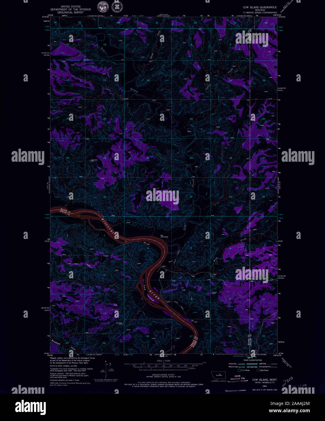 USGS TOPO Map Montana MT Cow Island 263181 1954 24000 Inverted ...
