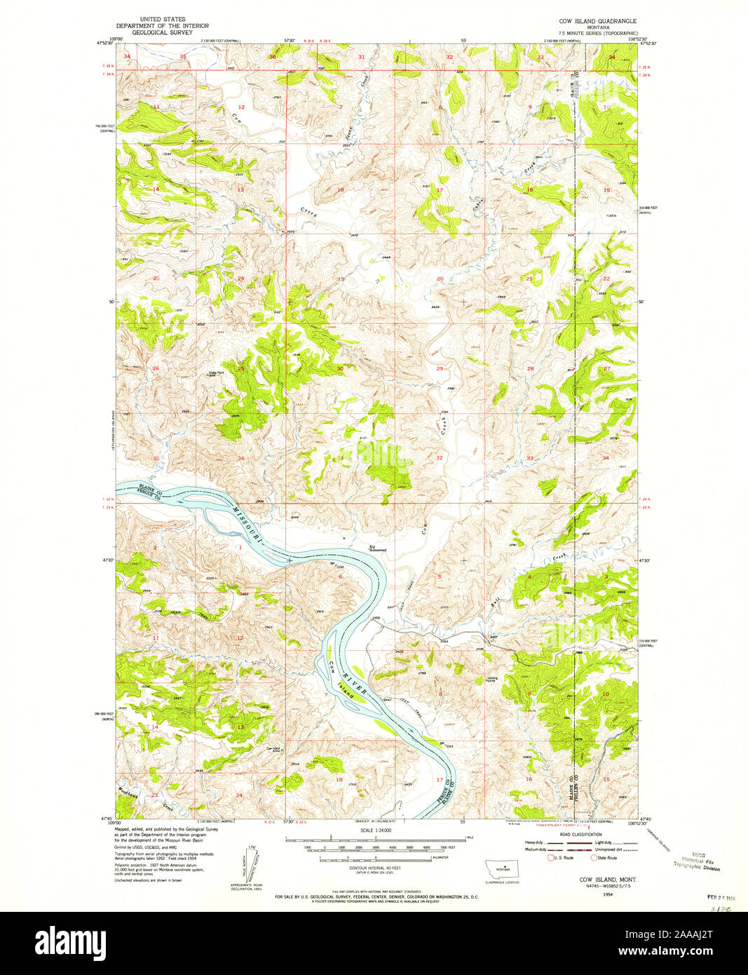 USGS TOPO Map Montana MT Cow Island 263180 1954 24000 Restoration Stock ...