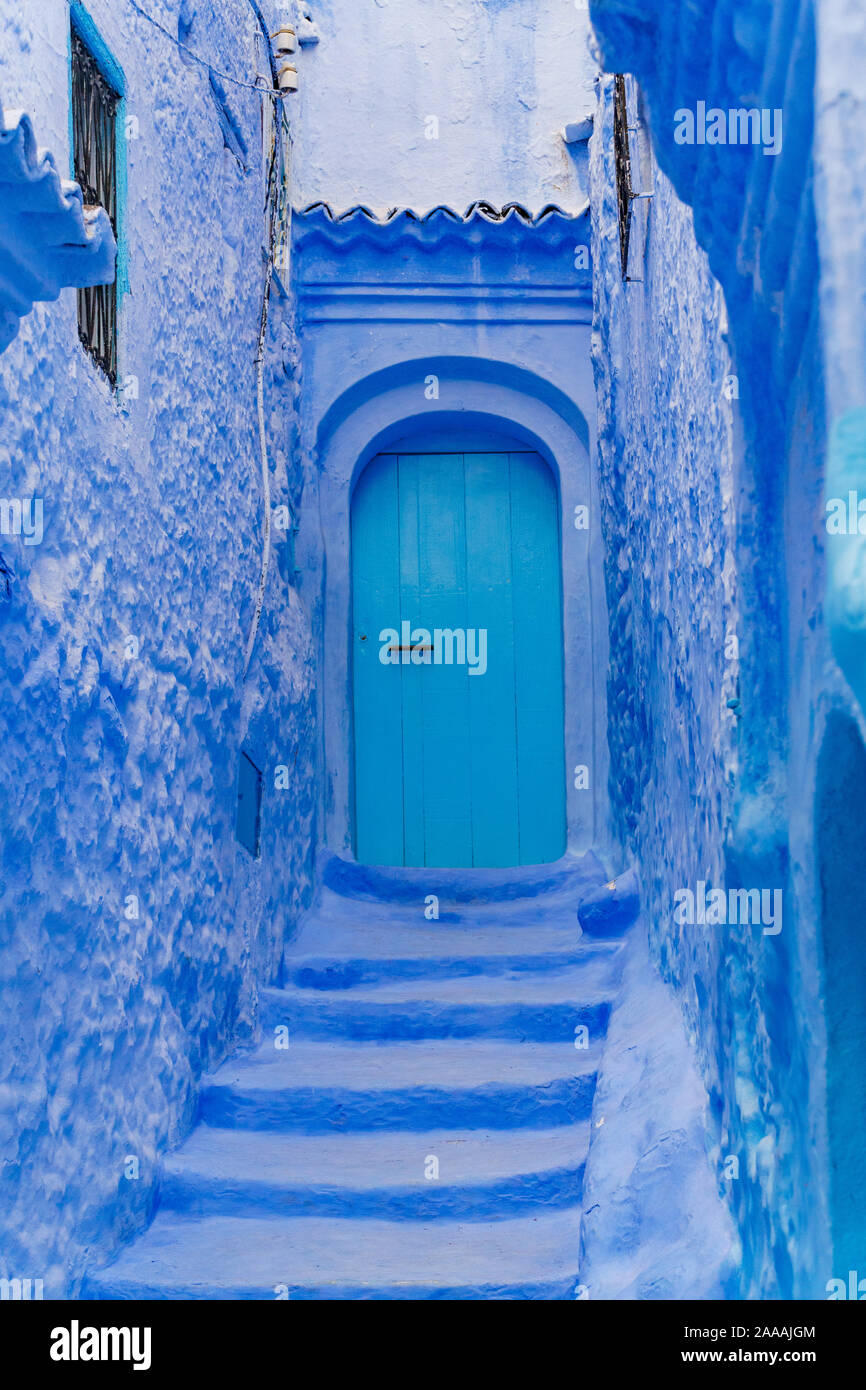 Streets and Facades of the blue houses in Chefchaouen, Morocco Stock ...