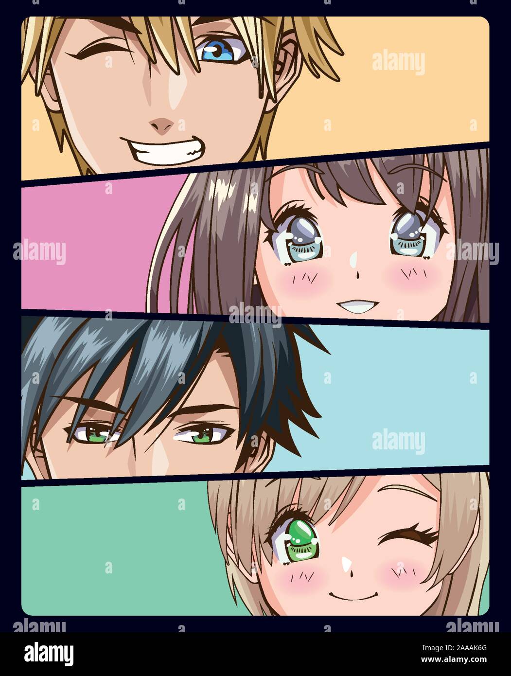 group of faces young people anime style characters Stock Vector Image ...