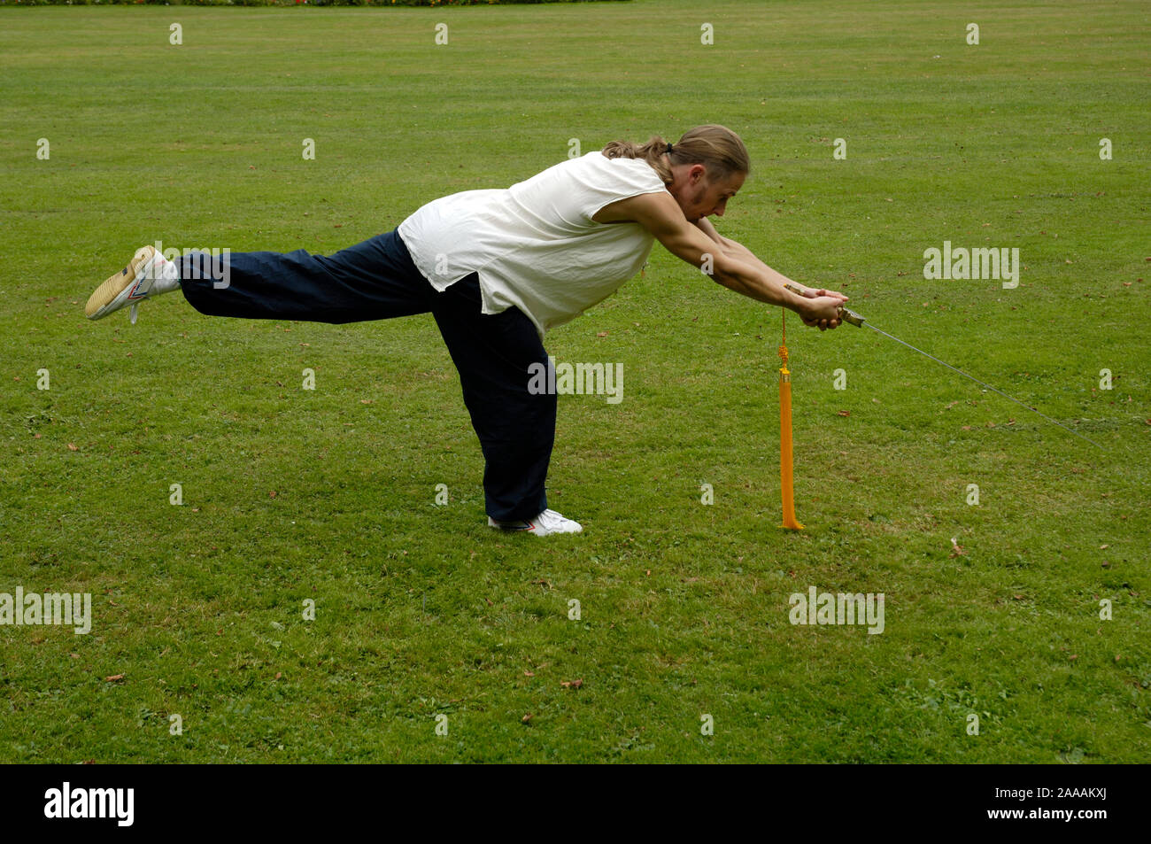 Man doing Tai Chi in park, Bad Kissingen, Germany / Mann bei Tai Chi ...