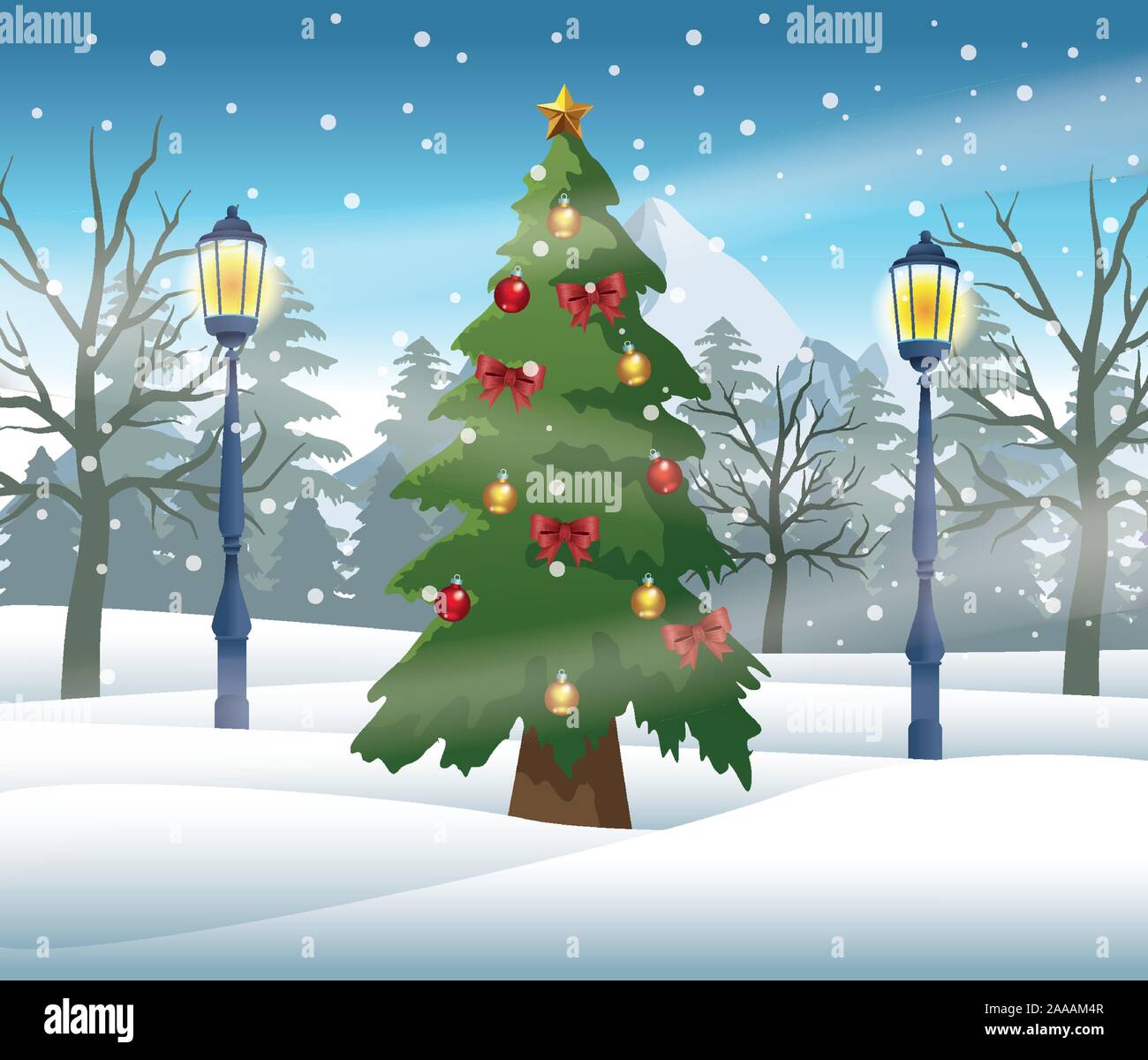 merry christmas card with pine tree in snowscape Stock Vector Image ...