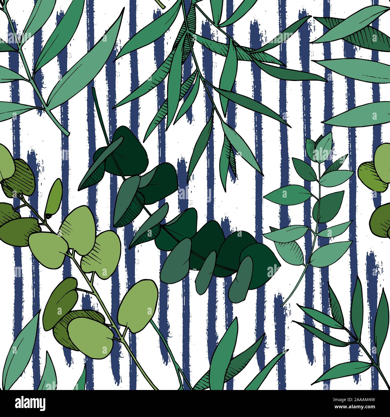 Vector Eucalyptus leaves branch. Black and white engraved ink art. Seamless background pattern ...