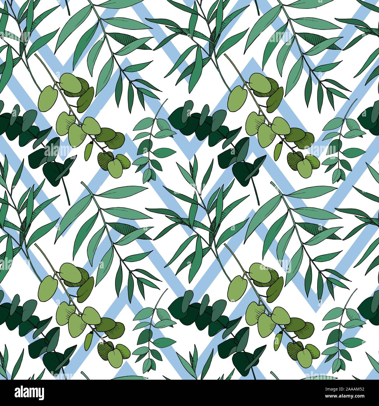 Vector Eucalyptus leaves branch. Black and white engraved ink art. Seamless background pattern ...