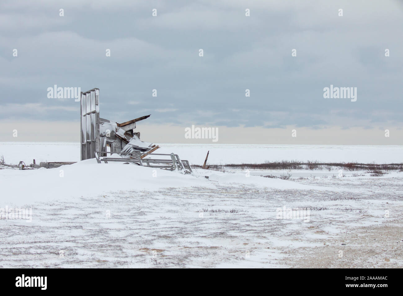 Destroyed military observation tower in Hudson Bay tundra landscape in ...