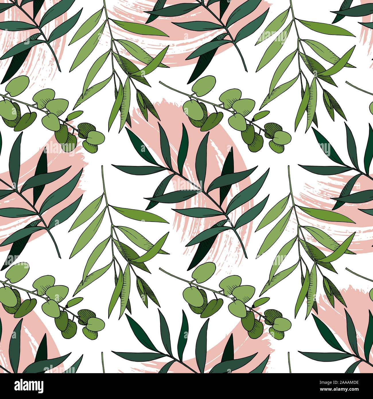 Vector Eucalyptus leaves branch. Black and white engraved ink art. Seamless background pattern ...
