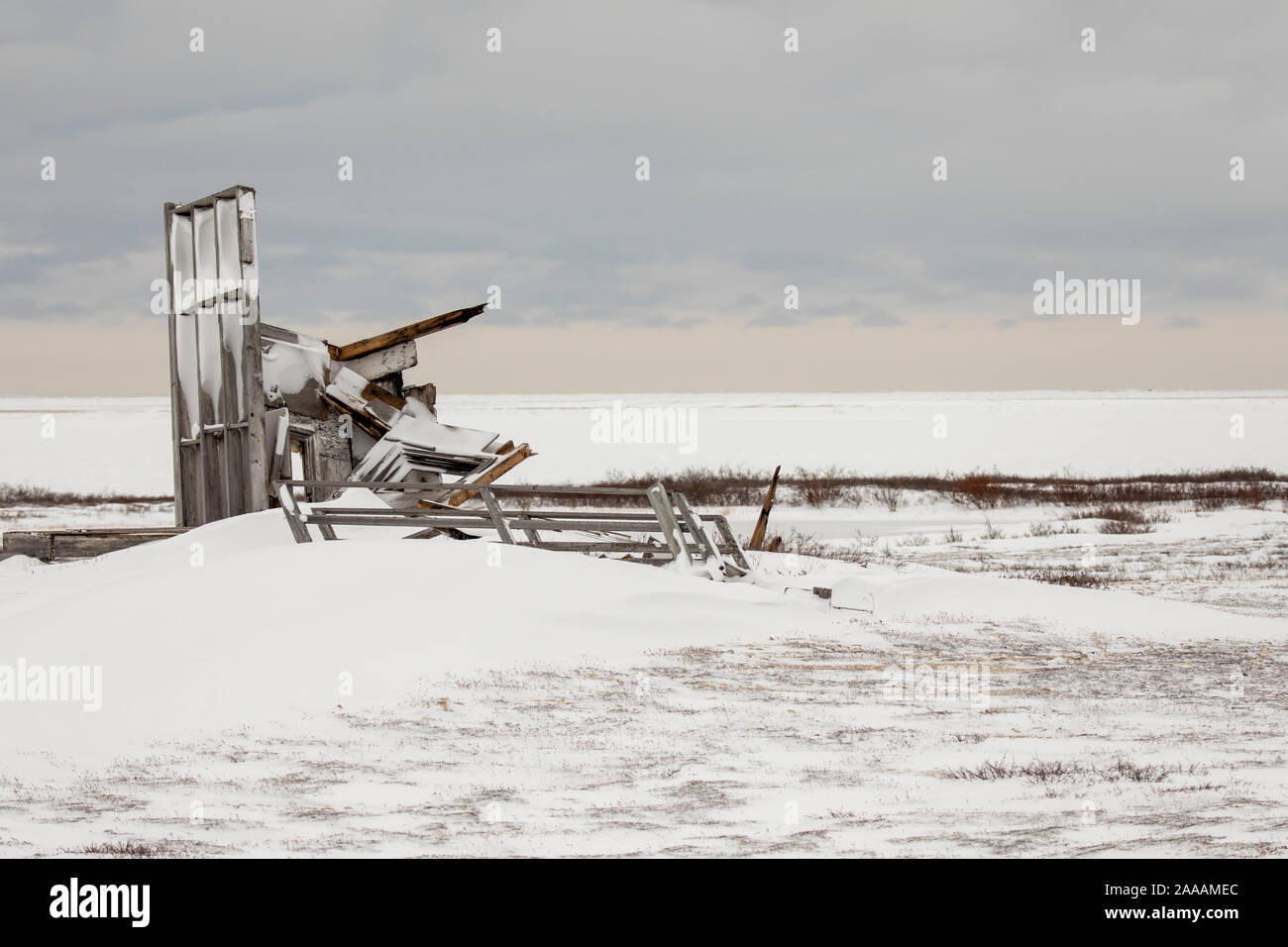 Destroyed military observation tower in Hudson Bay tundra landscape in ...