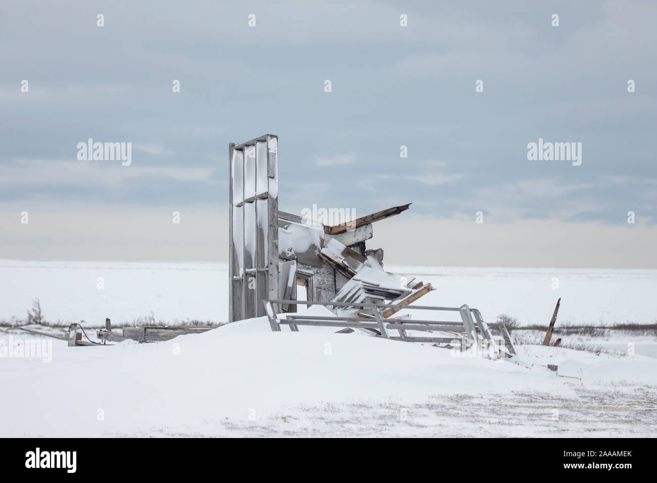 Destroyed military observation tower in Hudson Bay tundra landscape in ...