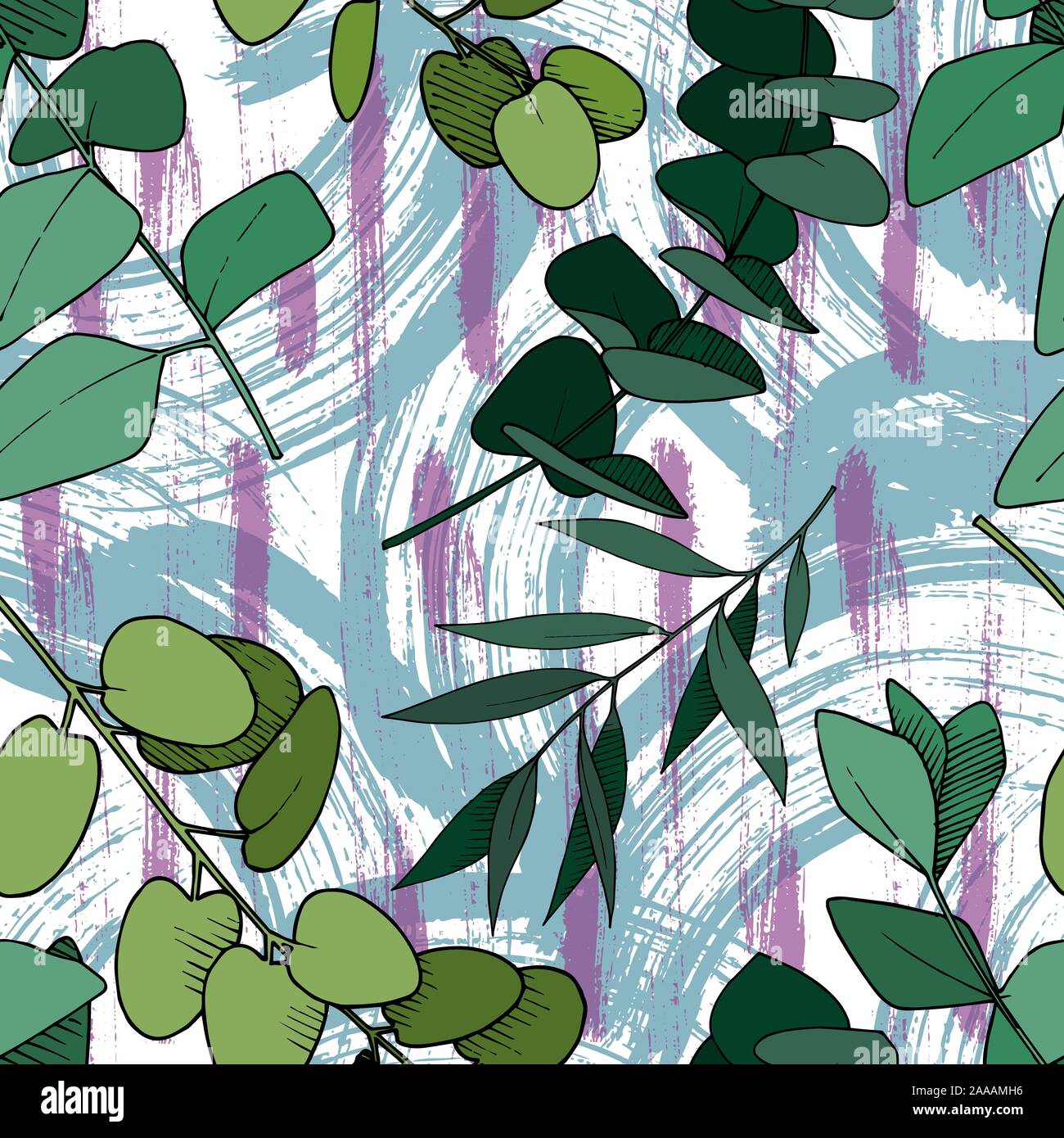 Vector Eucalyptus leaves branch. Black and white engraved ink art. Seamless background pattern ...