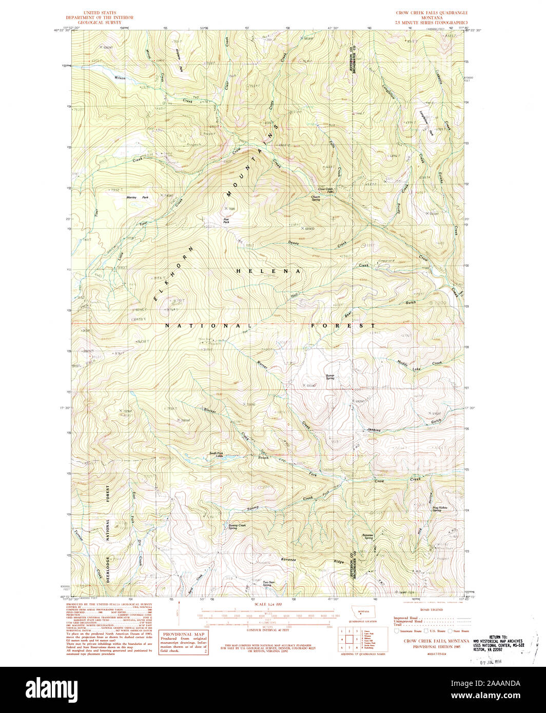 USGS TOPO Map Montana MT Crow Creek Falls 263238 1985 24000 Restoration ...