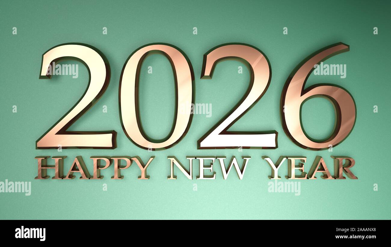 2026 Happy New Year copper write on green background - 3D rendering ...