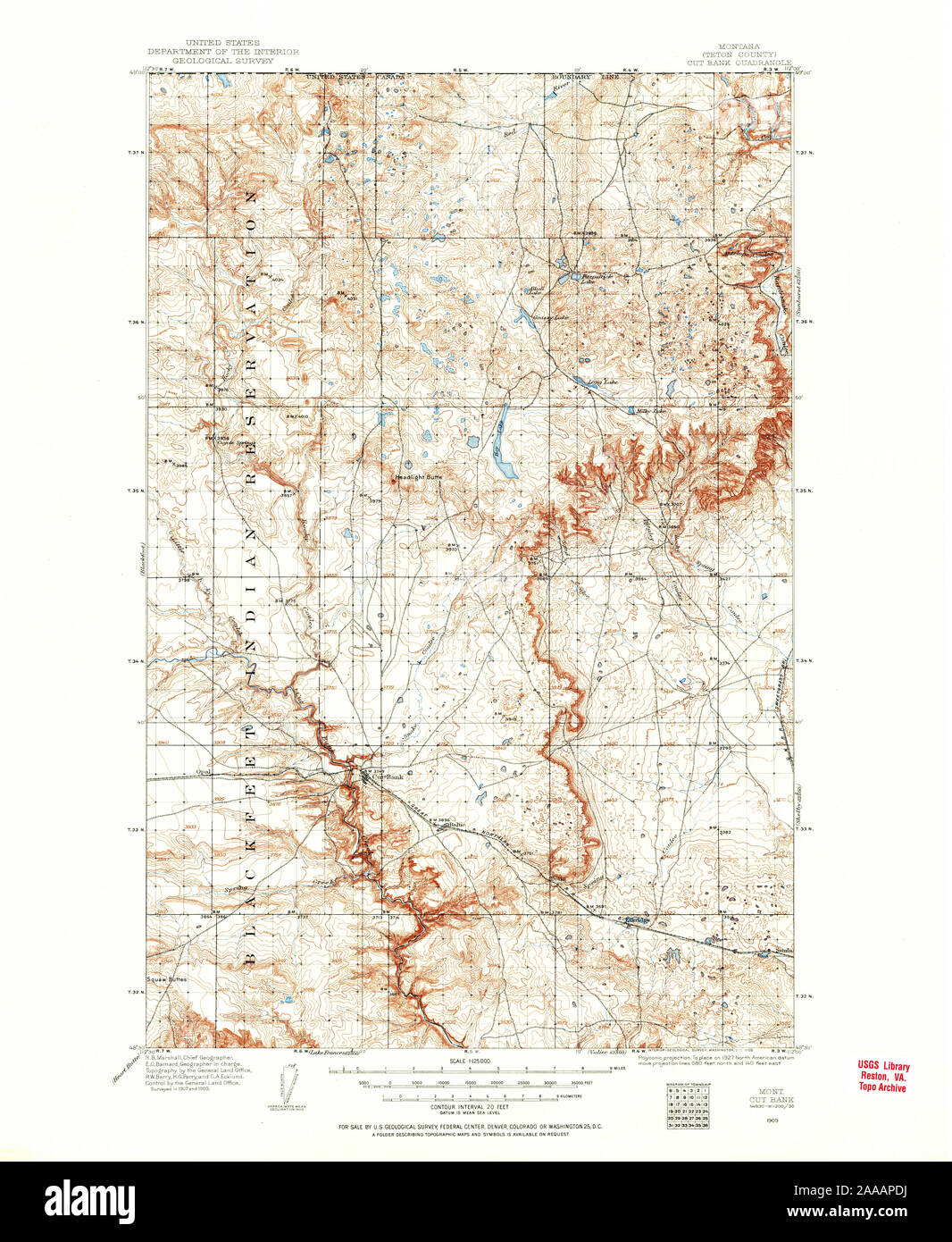 USGS TOPO Map Montana MT Cut Bank 268535 1909 125000 Restoration Stock ...