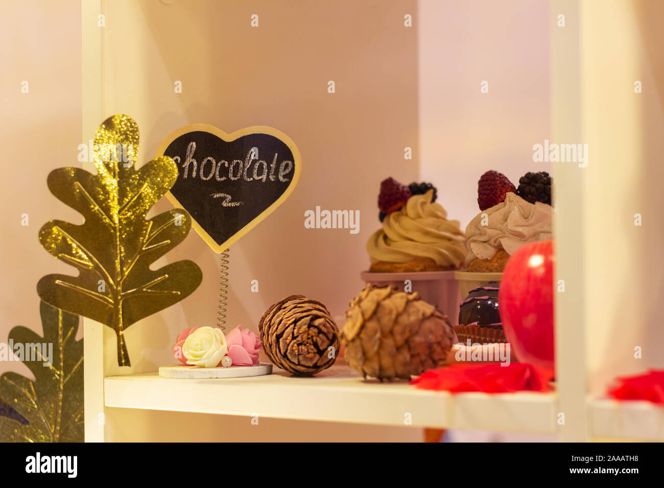 pastry shop window .cakes and chocolate. decorating sweet product Stock ...