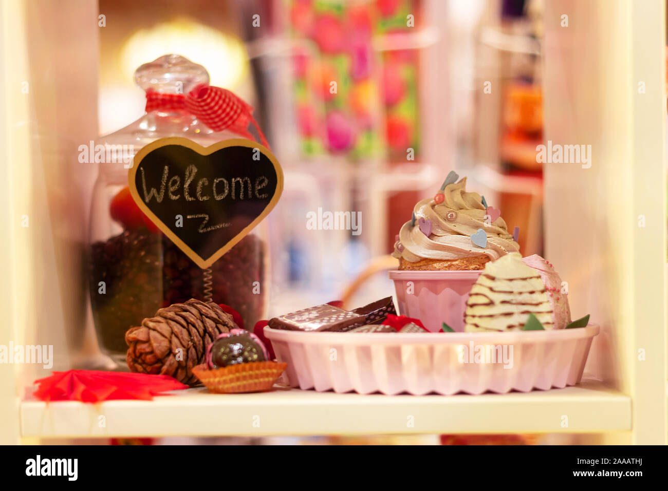 pastry shop window .cakes and chocolate. decorating sweet product Stock ...