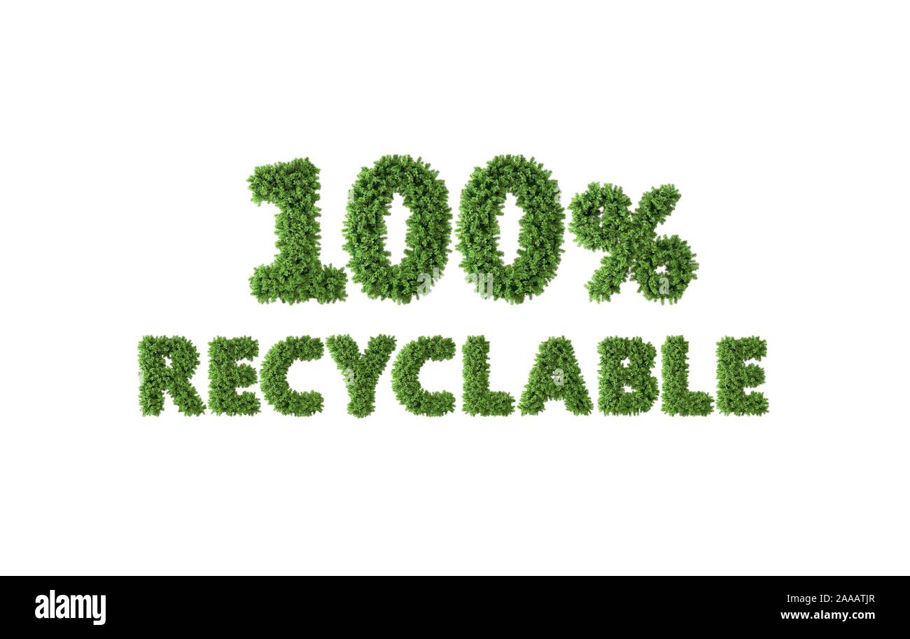 100% Recyclable, letters with vegetation on white background Stock ...