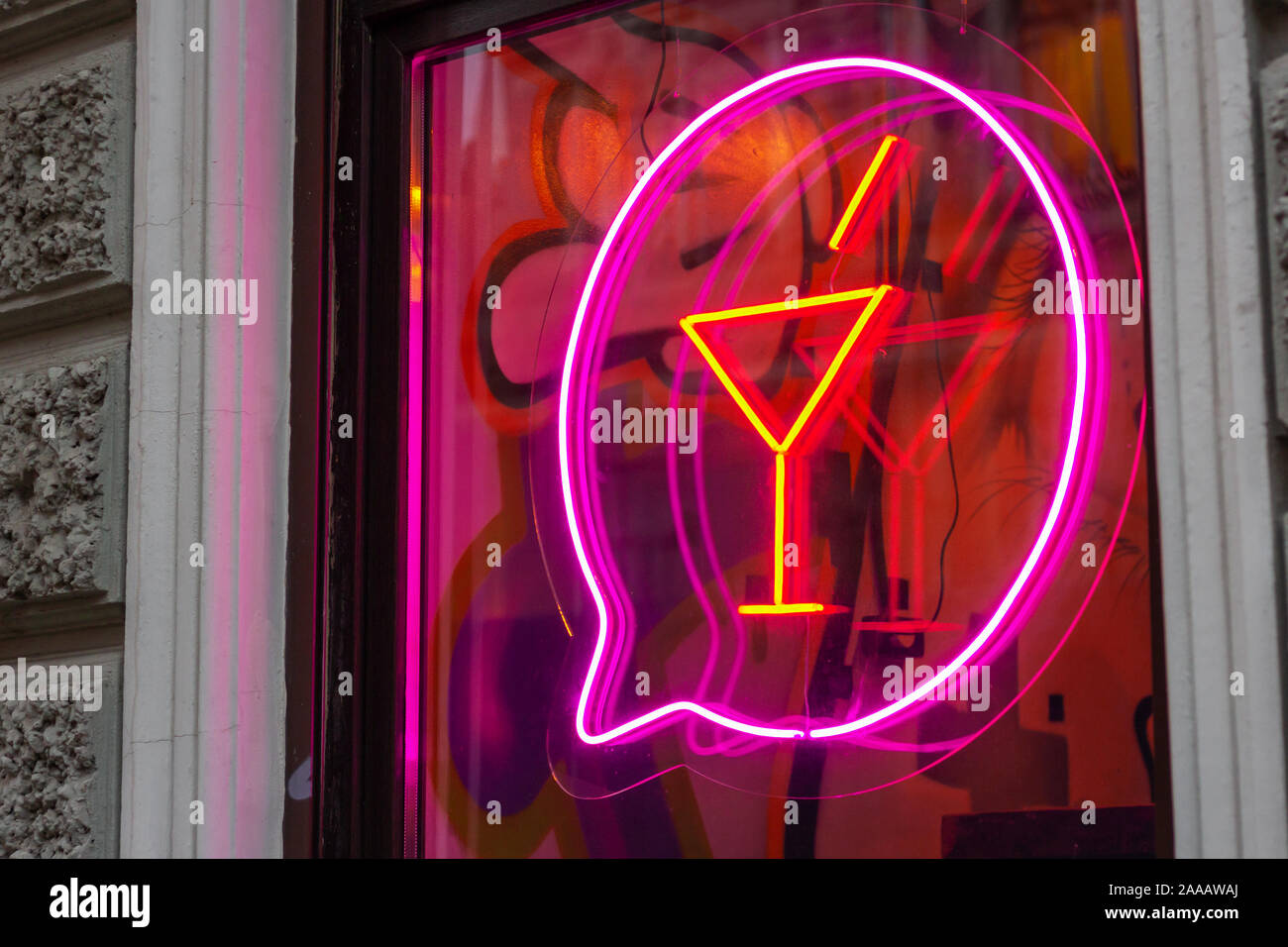 neon cocktail sign on the bar nightclub window. illuminated design ...