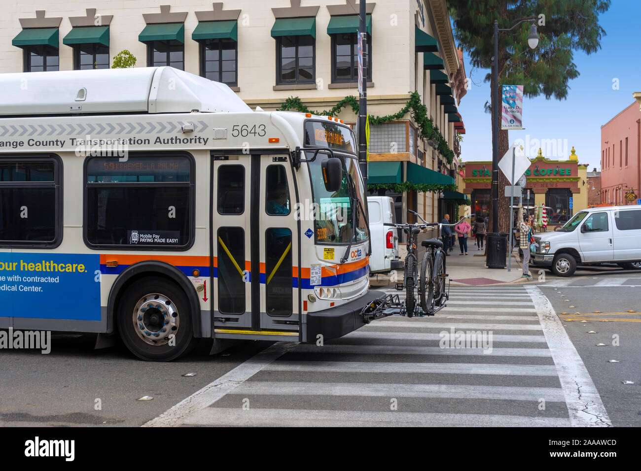 Orange, CA / USA – November 14, 2019: City bus with bicycles on front ...