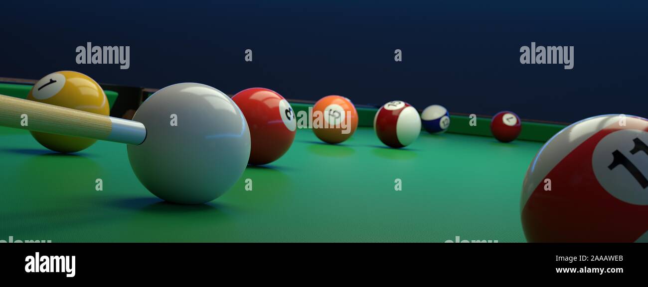 Billiard banner with play field, balls and stick Stock Photo - Alamy