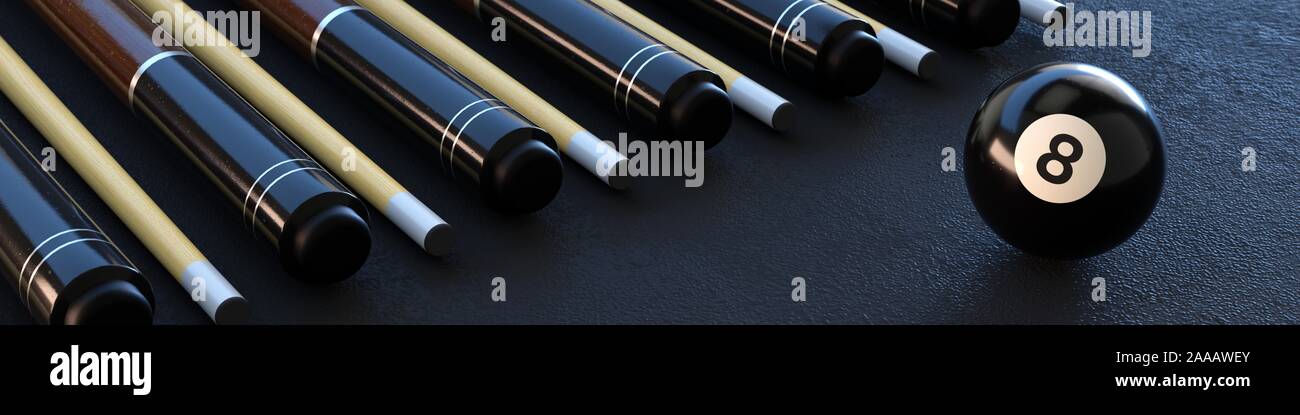 Eight ball, pool banner with cues and black ball Stock Photo - Alamy