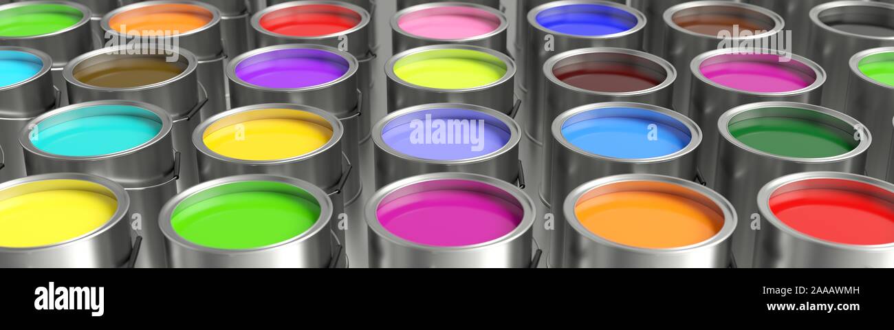 Open paint cans with various colors Stock Photo - Alamy