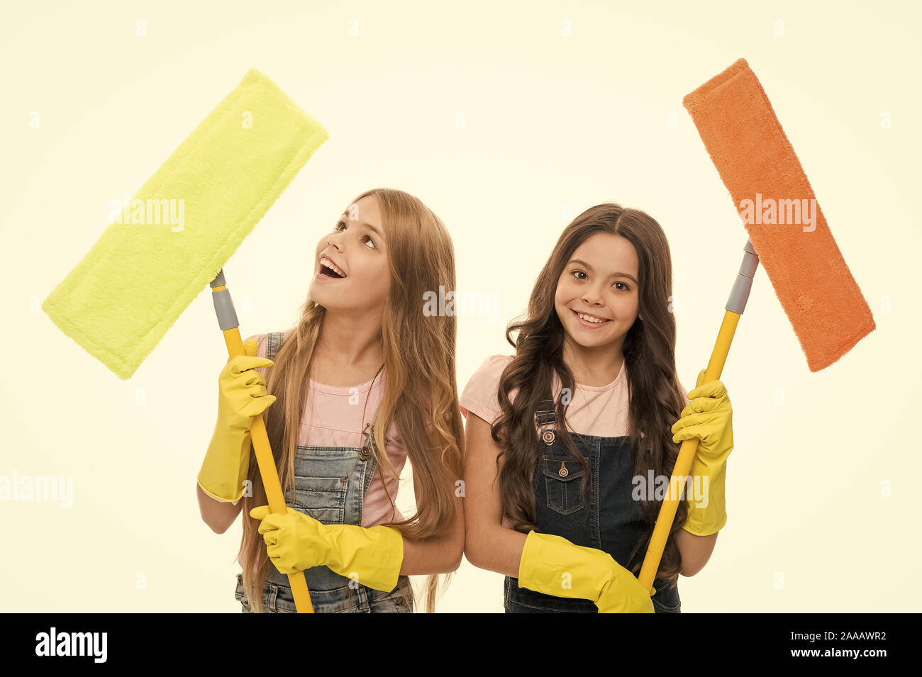 Overall cleaning. Cheerful small cleaning ladies. Cute girls holding ...