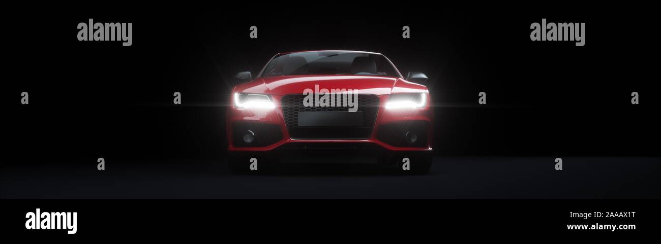 Front view of red sports car with lights on Stock Photo - Alamy