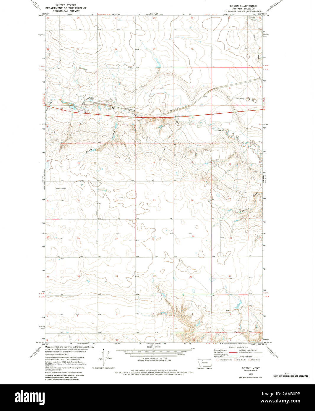 USGS TOPO Map Montana MT Devon 263394 1970 24000 Restoration Stock ...