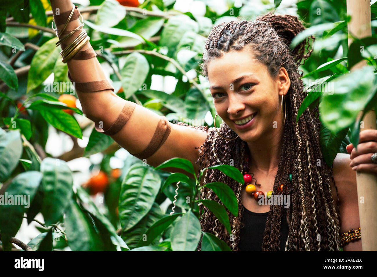 pretty islam woman in orange grove smiling, real muslim girl cheerful ...