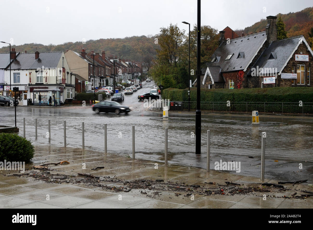 Heavy rain causing flooding of Chesterfield Road, Sheffield England UK ...