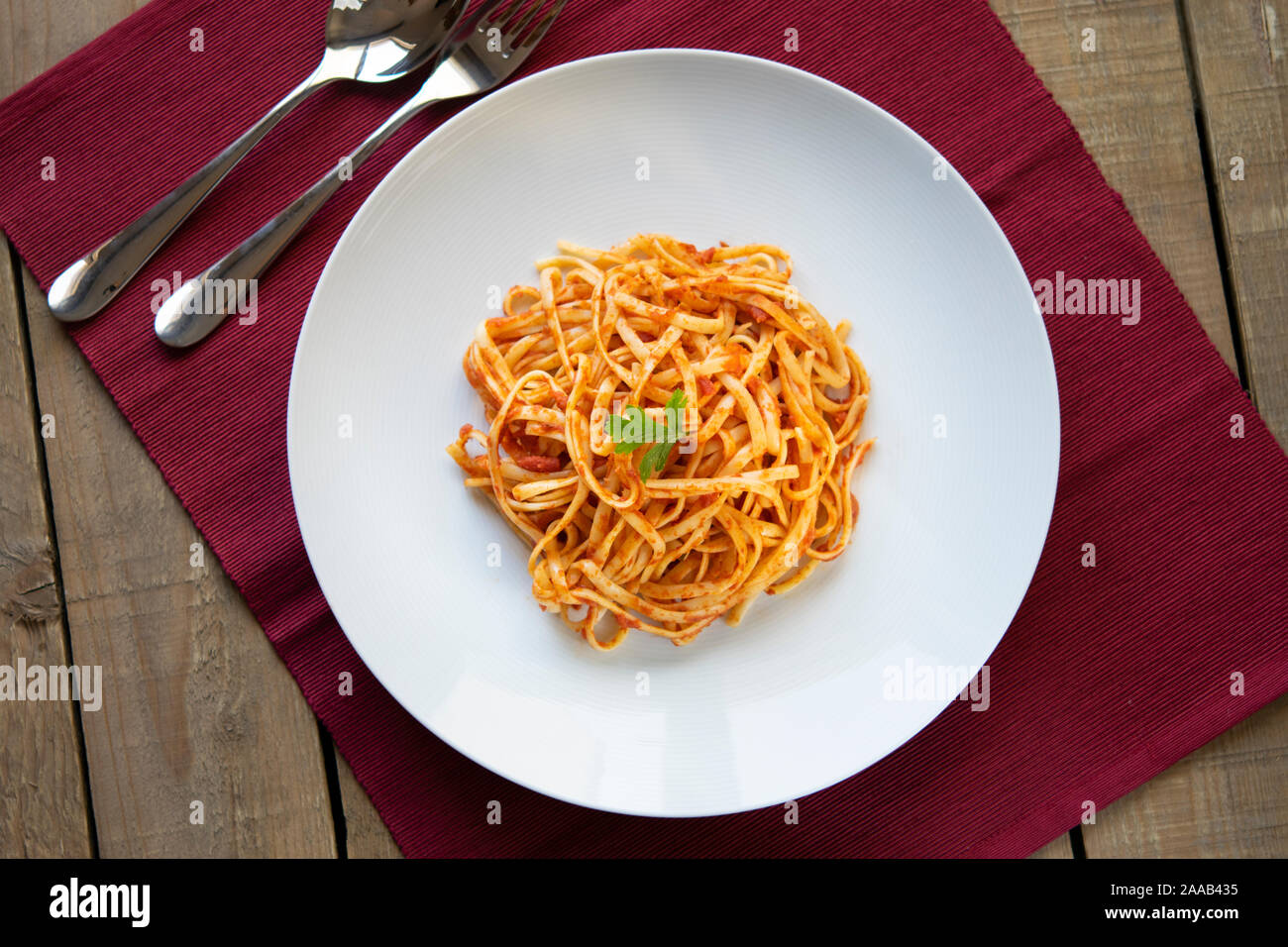 Spaghetti with tomato sauce top view Stock Photo - Alamy