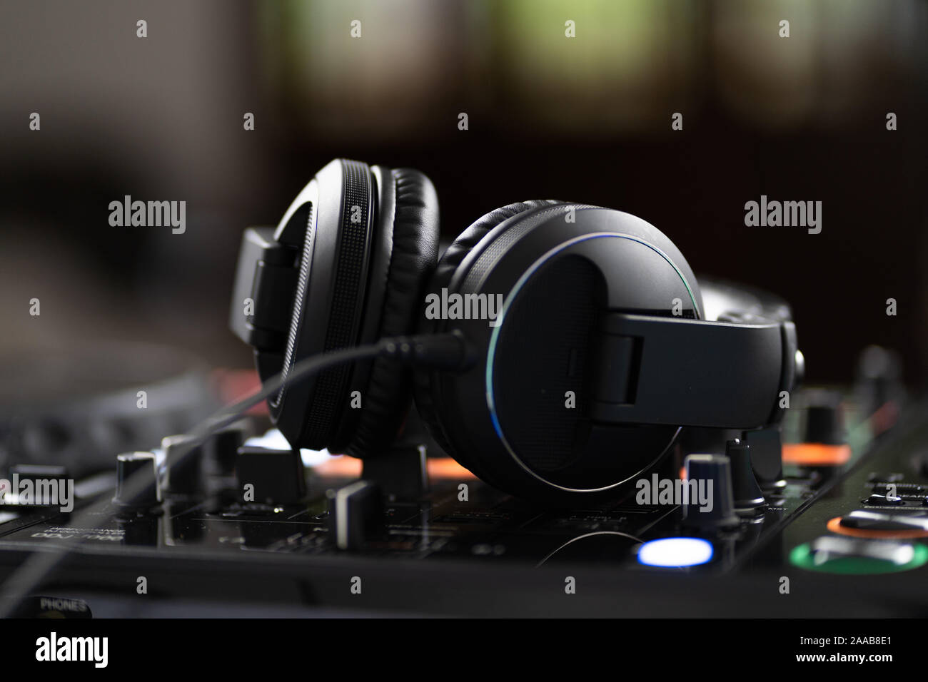 Party dj headphones with powerful bass.Equipment for nightclub.Disc ...