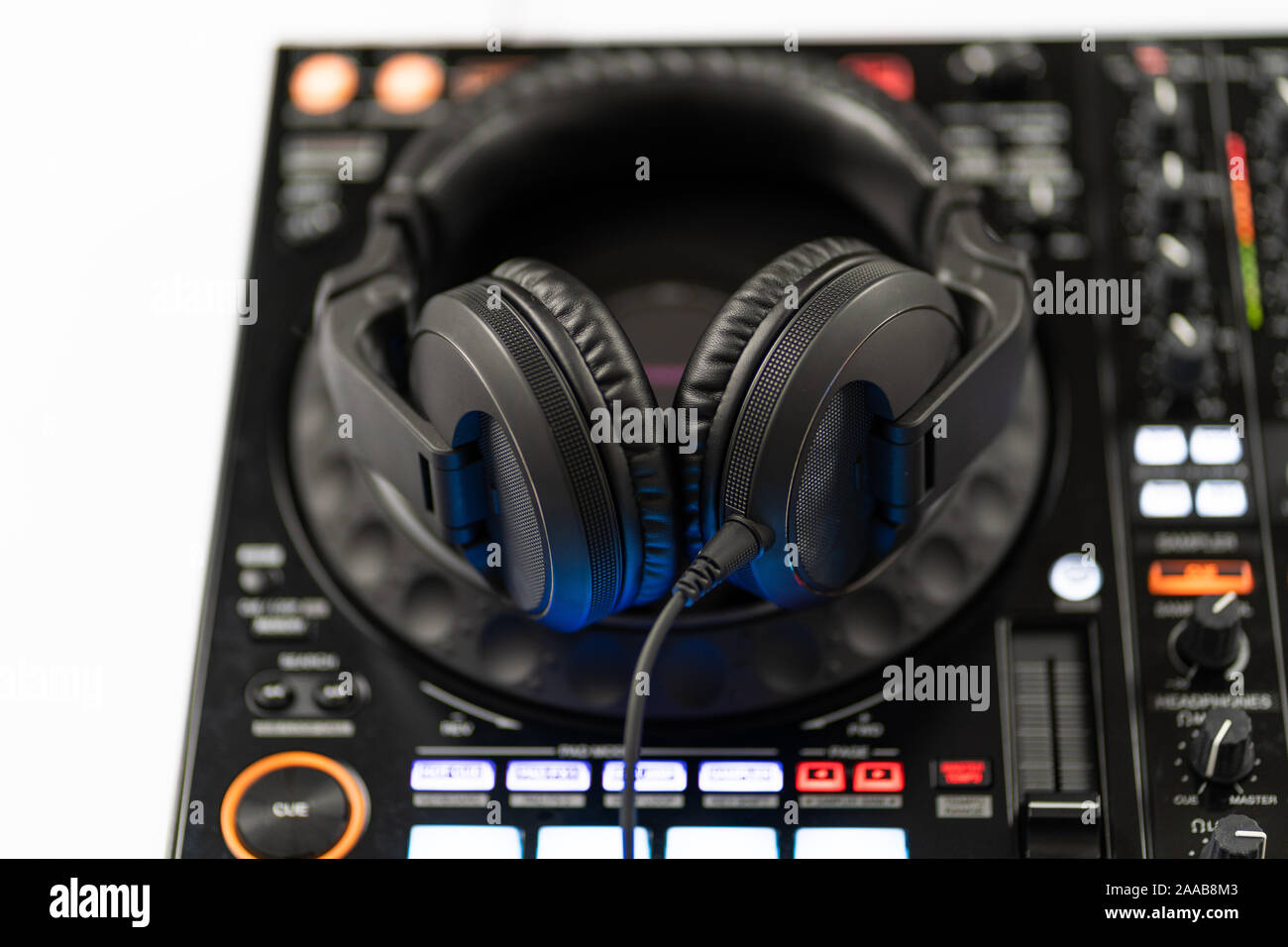 Party dj headphones with powerful bass.Equipment for nightclub.Disc ...