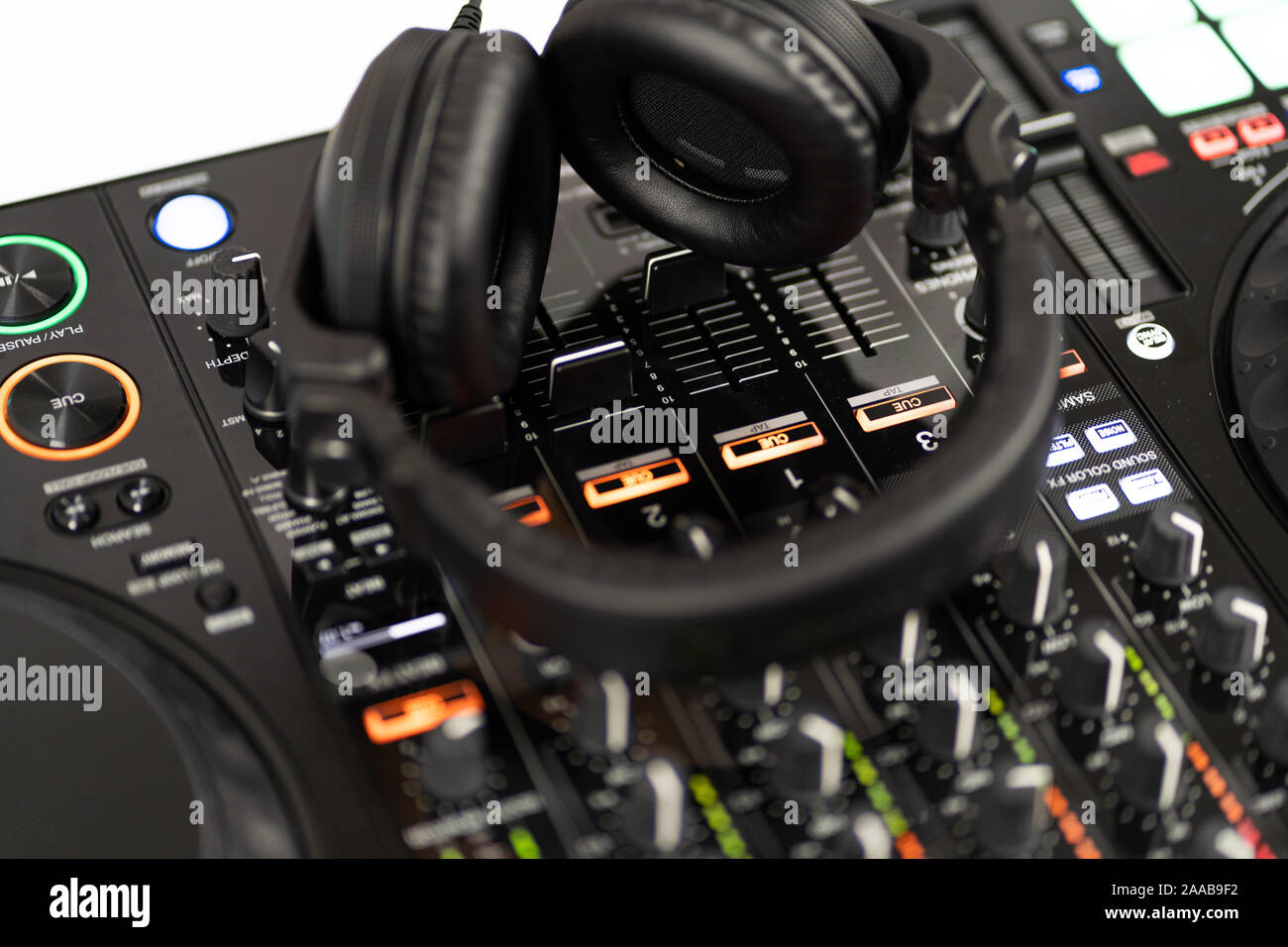 Party dj headphones with powerful bass.Equipment for nightclub.Disc ...