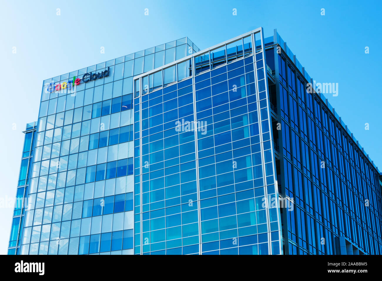 Google Cloud sign is displayed on modern building at Google campus in ...