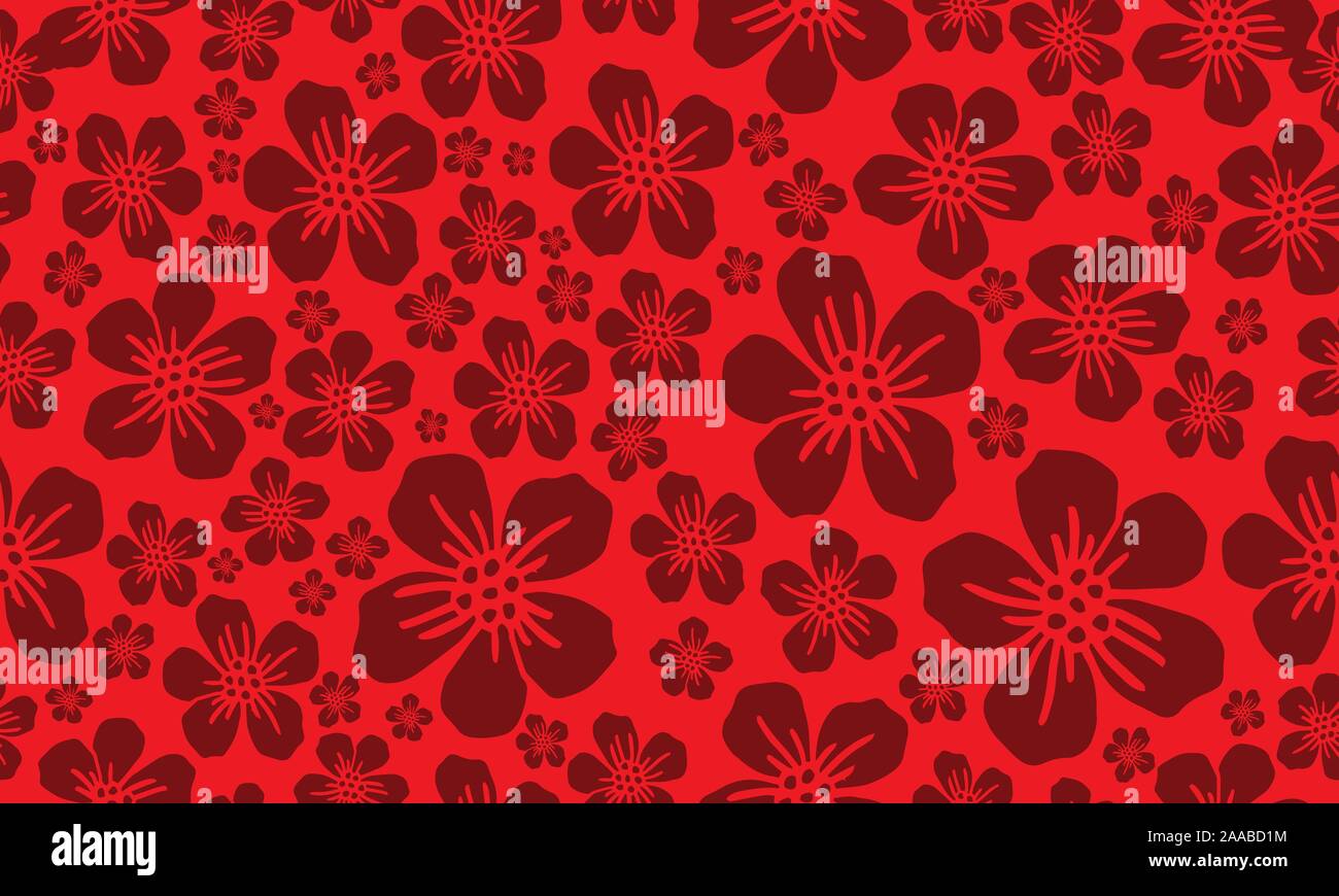 Cute floral pattern background, plant drawing dark red flower Stock ...