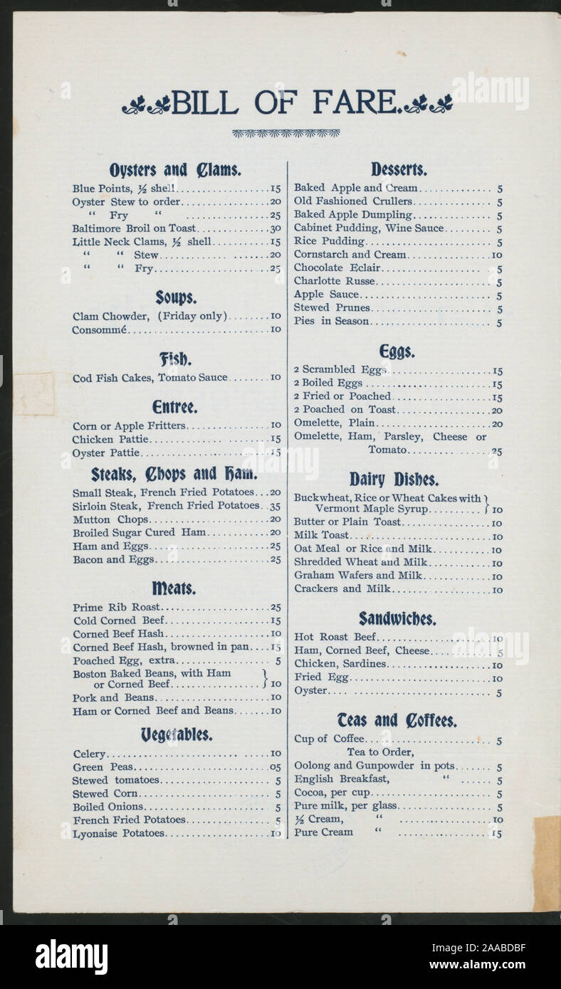 ONE PAGE HANDWRITTEN DAILY SPECIAL DISHES; DAILY BILL OF FARE [held by ...