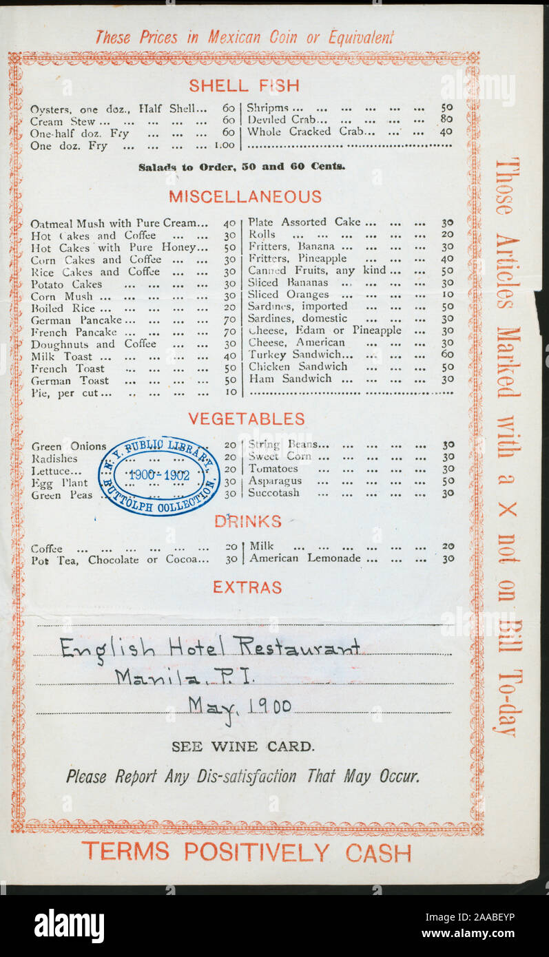 PRICES IN MEXICAN COIN OR EQUIVALENT; DAILY MENU [held by] ENGLISH ...