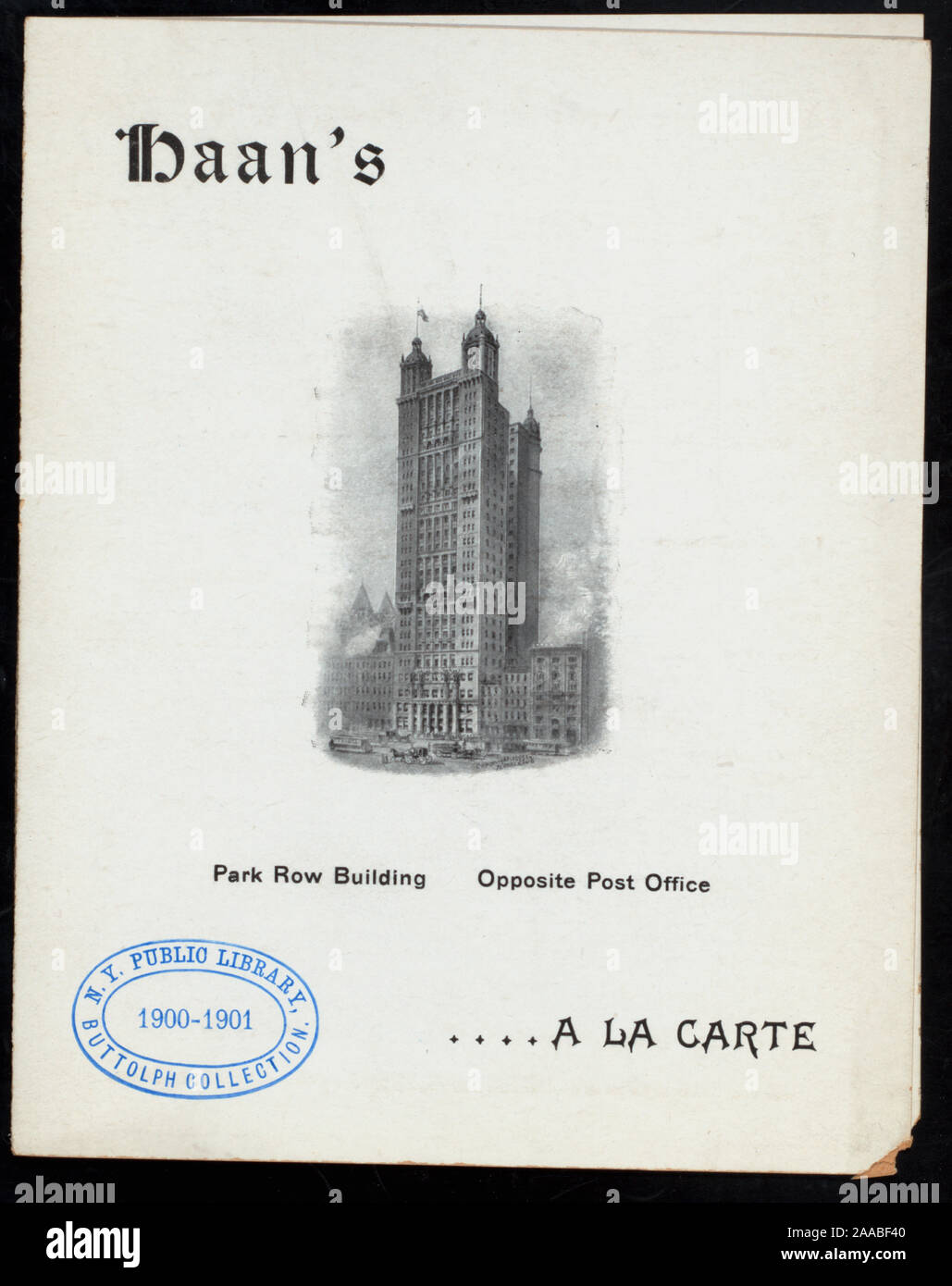 PRICED MENU; ILLUSTRATION OF PARK ROW BUILDING; DAILY MENU [held by ...