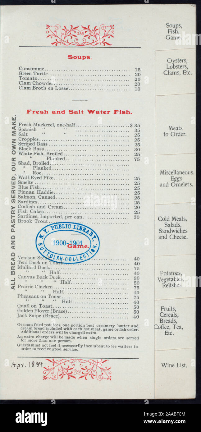 COMPLETE MENU WITH PRICES FOR EACH ITEM;SEPARATE PAGES FOR EACH COURSE ...