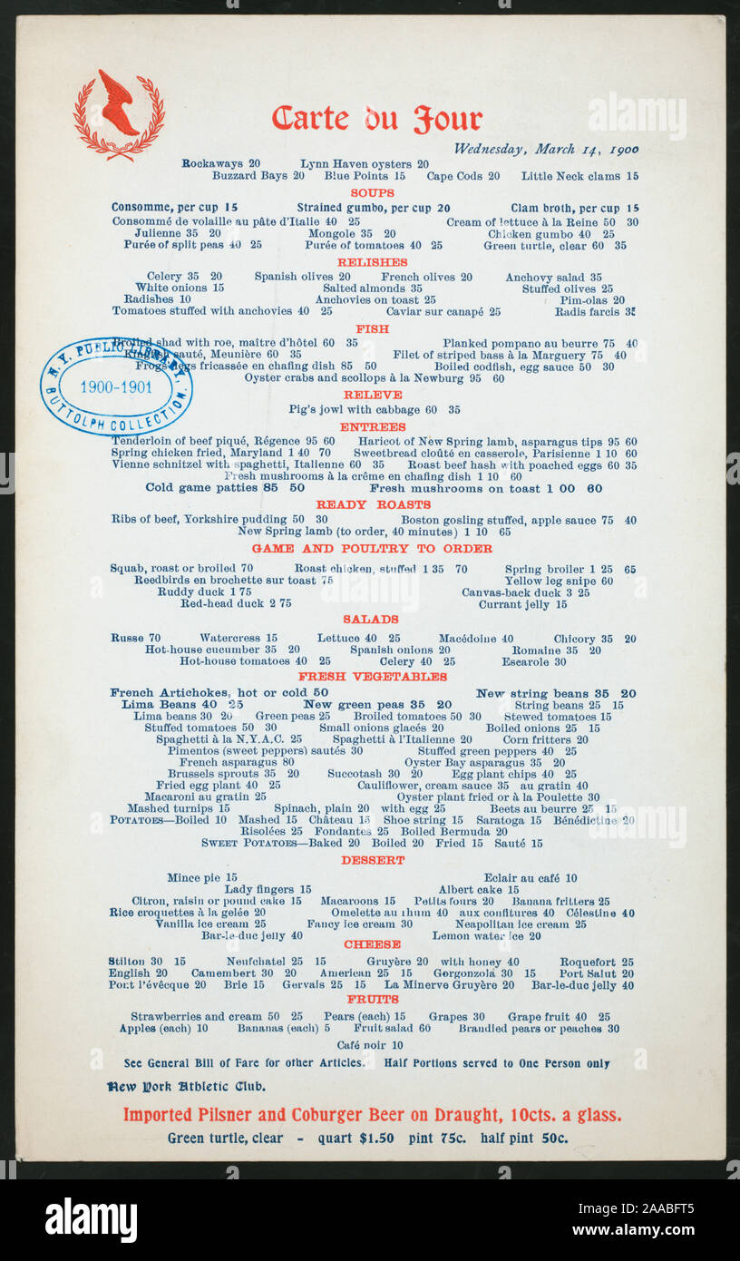 PRICED MENU; LOGO; DAILY MENU [held by] NEW YORK ATHLETIC CLUB [at] NEW ...